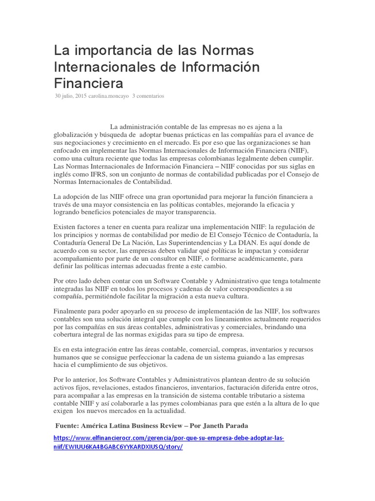 La Importancia de Las Normas Internacionales de Información Financiera ...