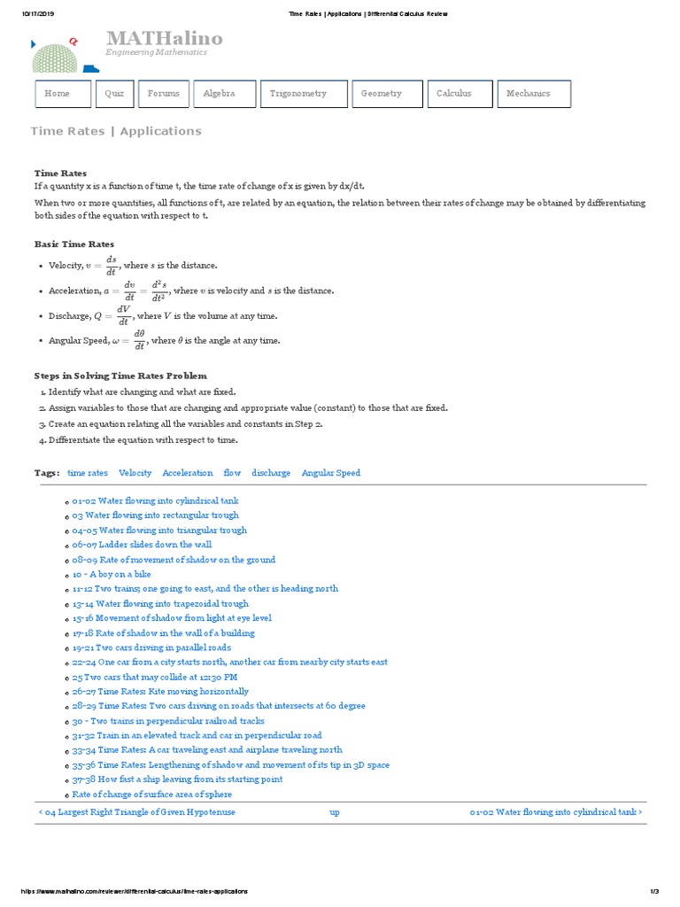 Time Rates - Applications - Differential Calculus Review PDF | PDF ...