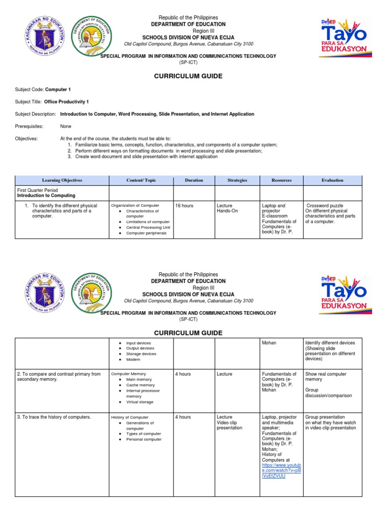 Curriculum Guide: Department of Education Schools Division of Nueva ...