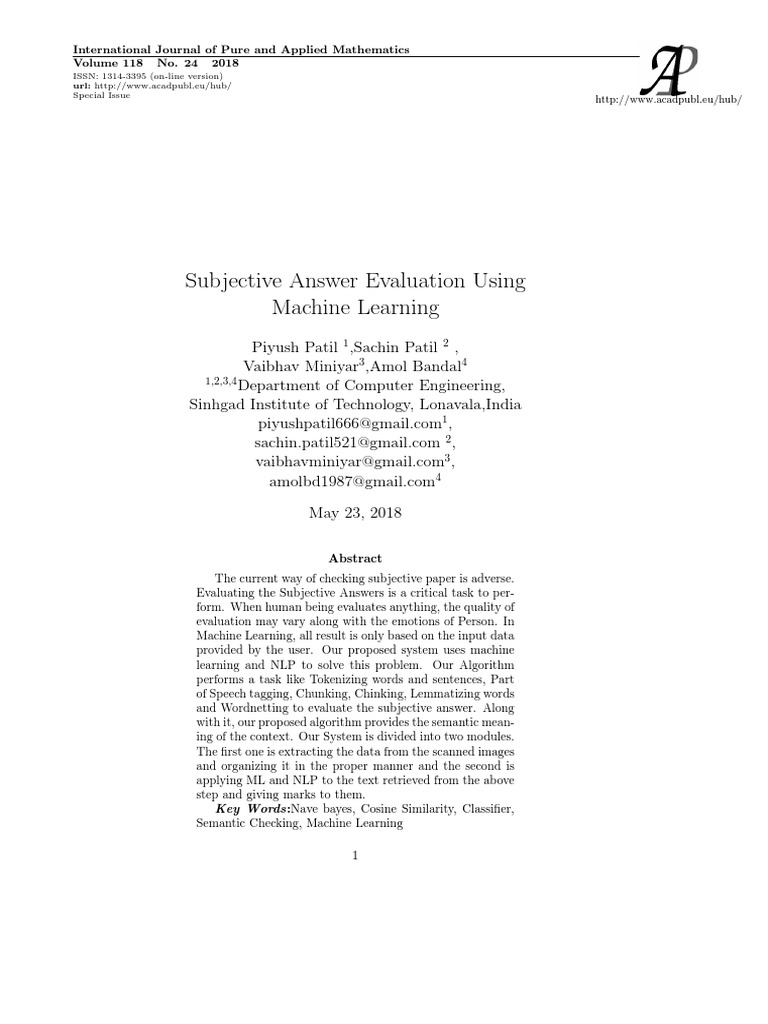 Automated Subjective Answer Evaluation Using Machine Learning and Natural Language Processing ...