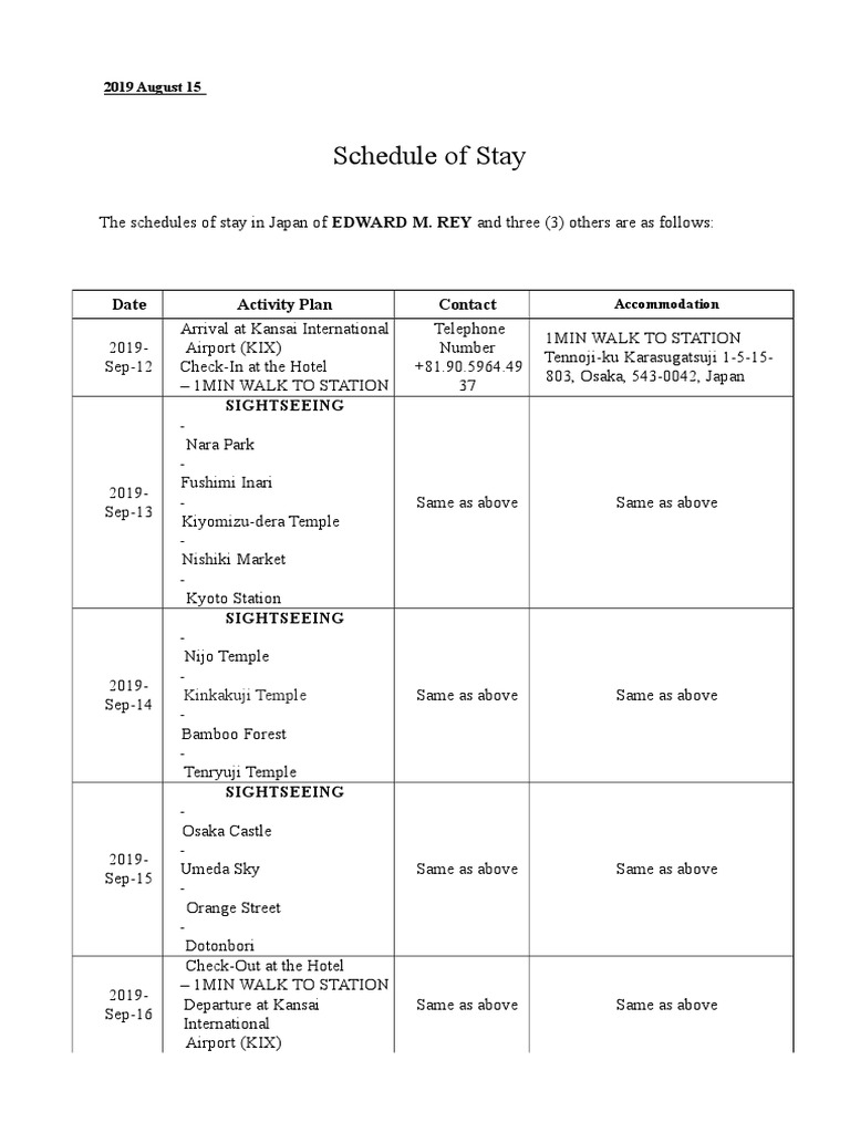 Japan Schedule of Stay Itinerary | PDF