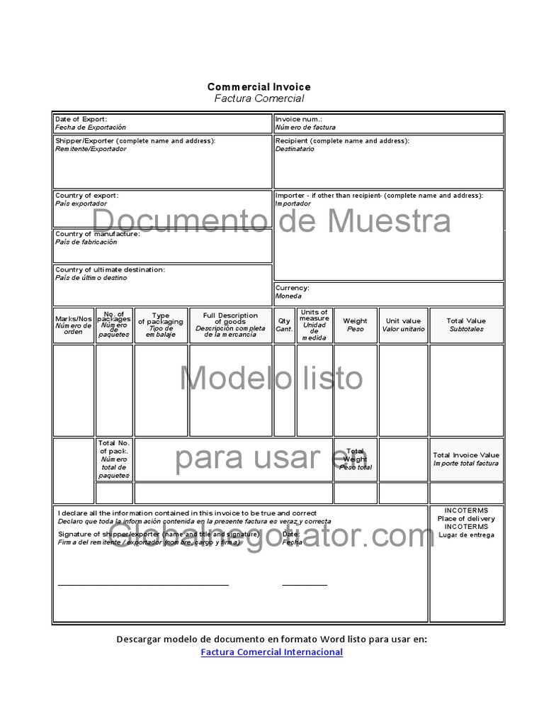 Ejemplo Factura Comercial Internacional | Comercio | Transporte de ...