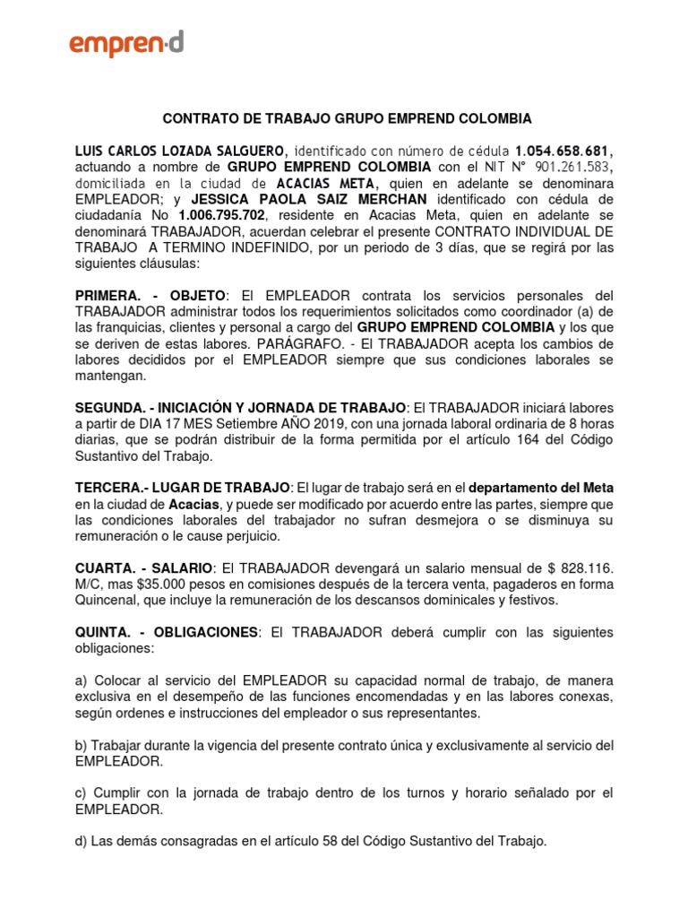 Contrato Grupo Emprende para Empleados Matrix PDF | PDF | Tiempo de trabajo | Salario