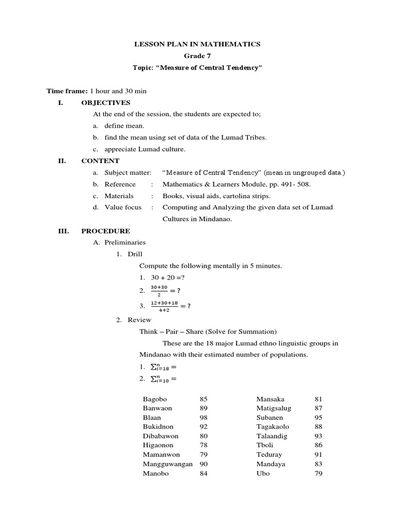 Grade 7 Math: Central Tendency | PDF | Mean | Lesson Plan