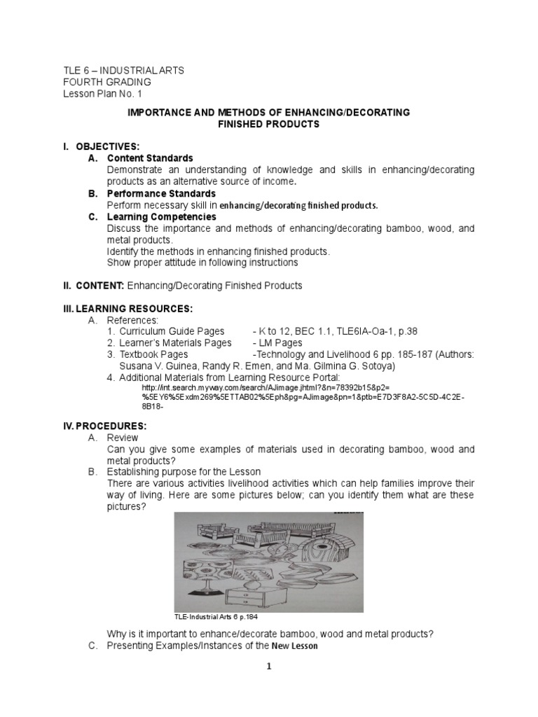 Tle Vi k 12 Lesson Plan Industrial Arts All Ia Lps Compiled 2017 176 1 ...