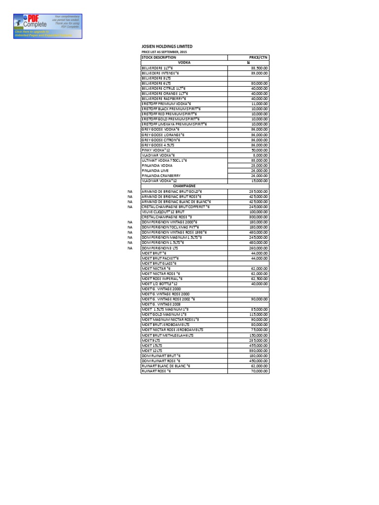 Josie Price List | PDF | Alcoholic Drinks | Wine