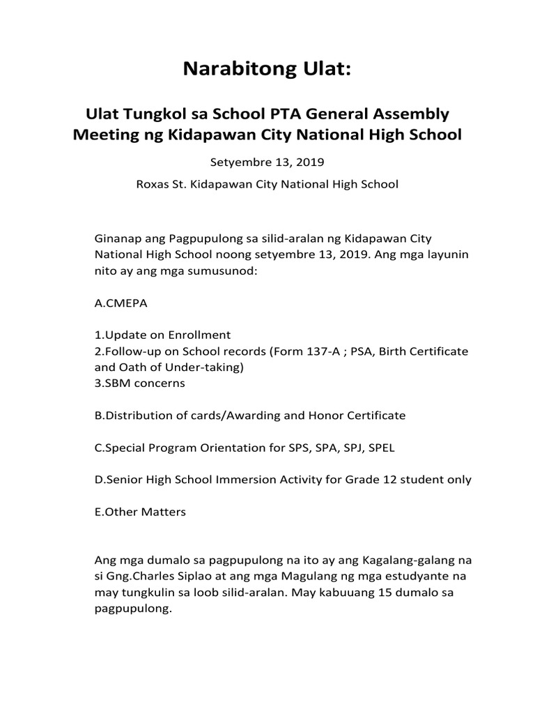 Narabitong Ulat:: Ulat Tungkol Sa School PTA General Assembly Meeting NG Kidapawan City National ...