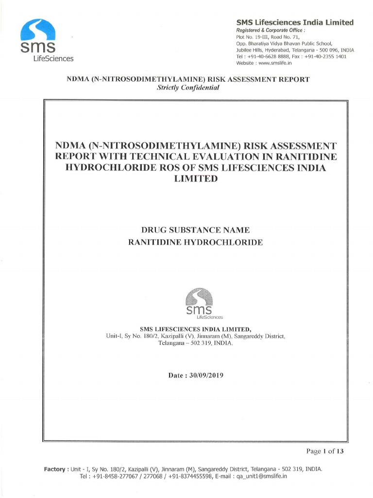 NDMA Risk Assessment Report - SMS Lifes Ranitidine HCL - 30-09-19 | PDF