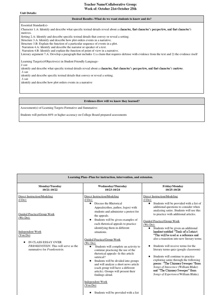 10 21-10 25 Ap Literature English Lesson Plan Secondary Template | PDF ...