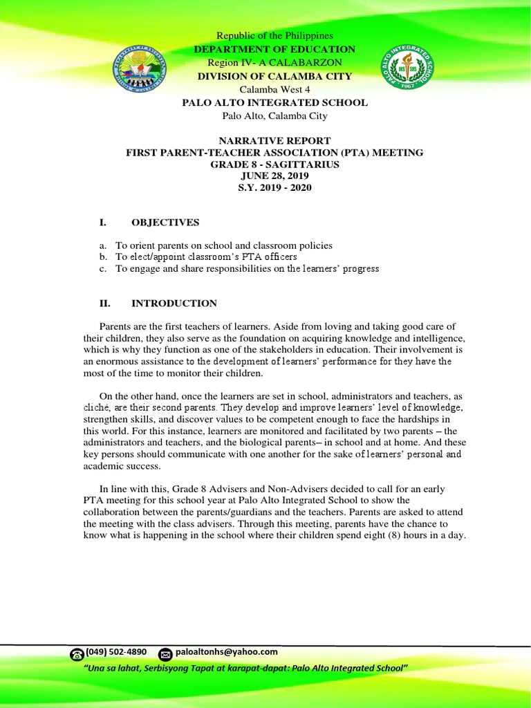 First PTA Meeting Narrative Report | PDF | Classroom | Public Sphere