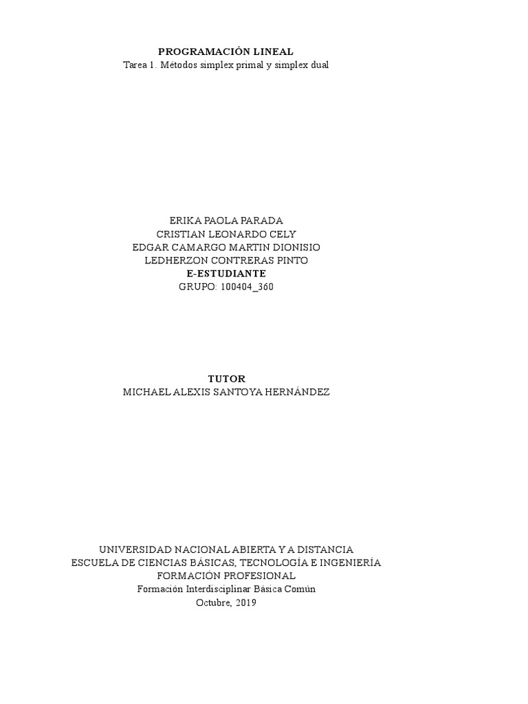 Tarea 1 Metodo Simplex Primal y Simplex Dual | PDF | Programación lineal | Conceptos matemáticos