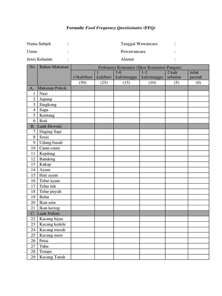 Formulir Food Frequency Questioinaire | PDF