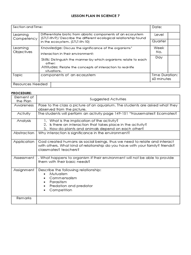 Lesson Plan in Science 7: Procedure | PDF