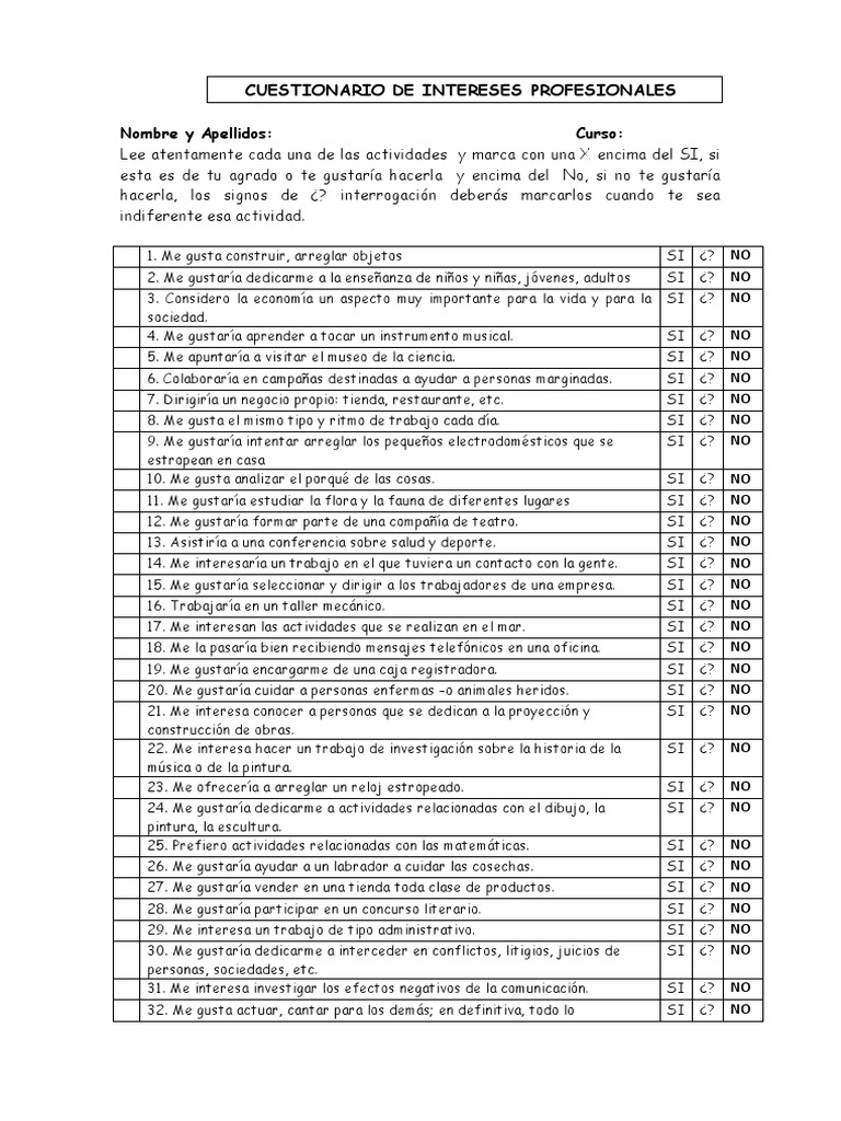 Cuestionario de Intereses Profesionales | PDF