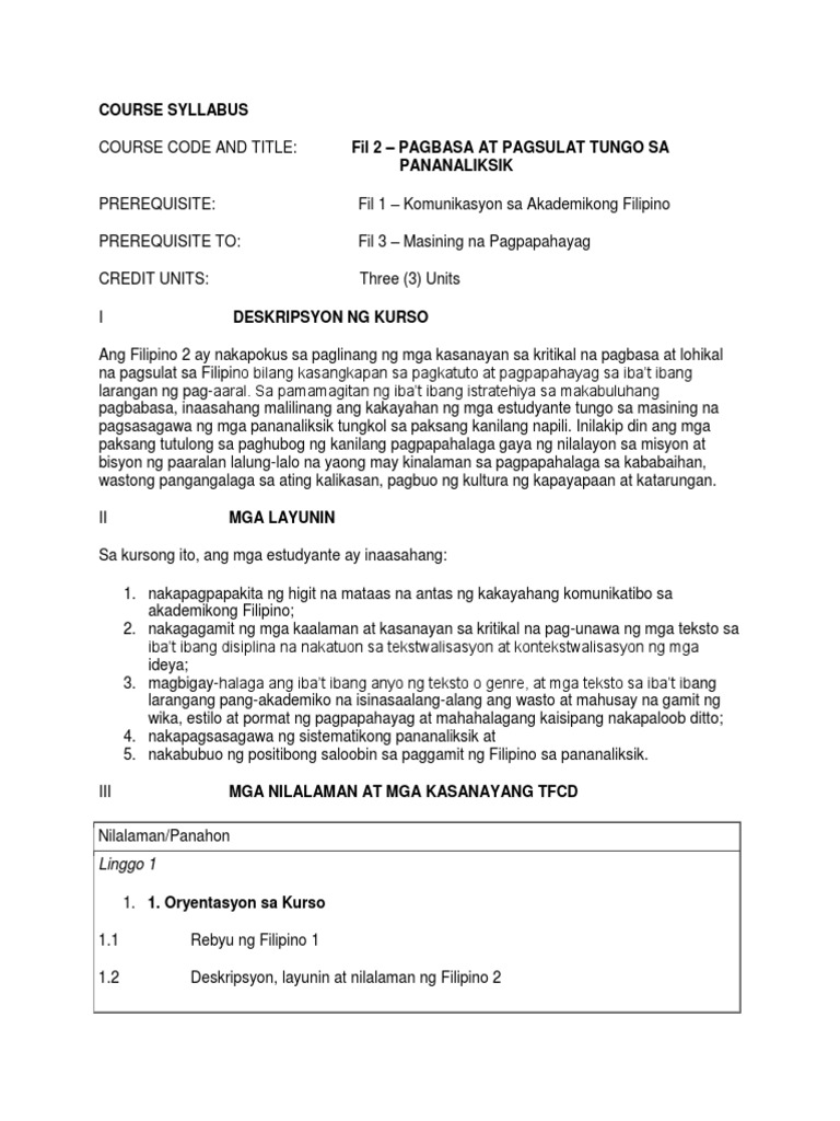 Filipino 2 Course Syllabus | PDF