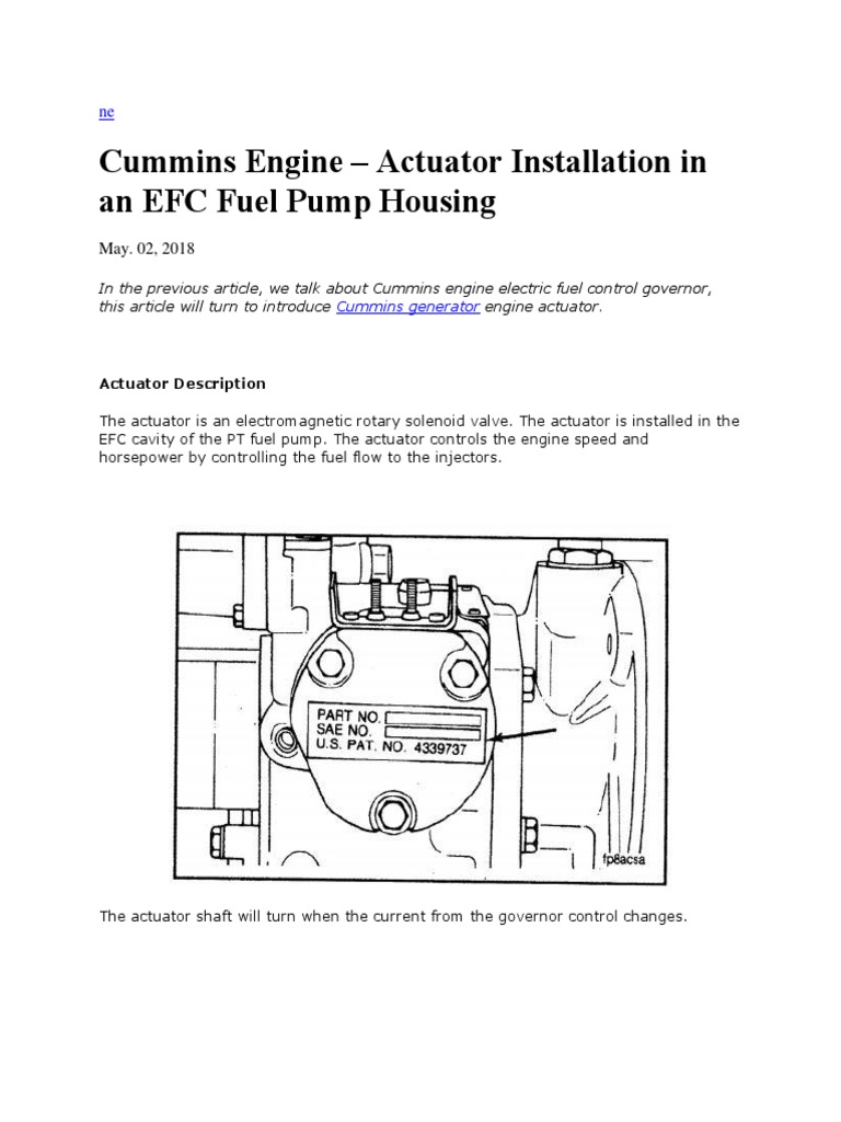 Cummins Engine – Actuator Installation in an EFC Fuel Pump Housing ...