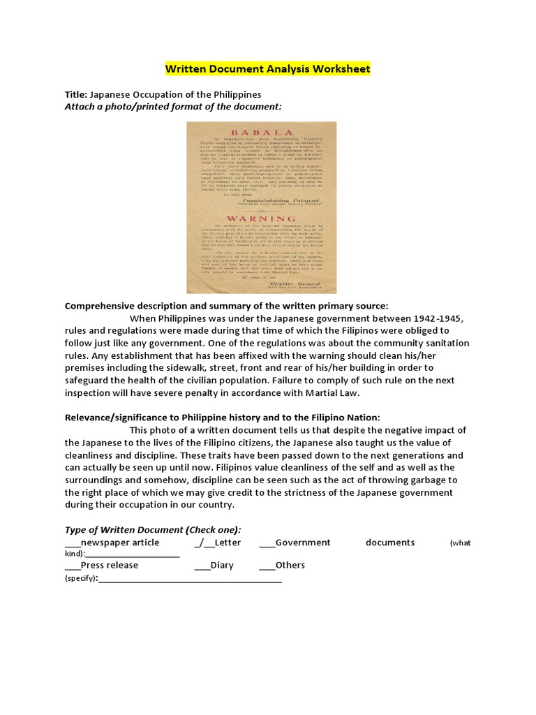 Written Document Analysis Worksheet Japanese | PDF | Argument | Reason