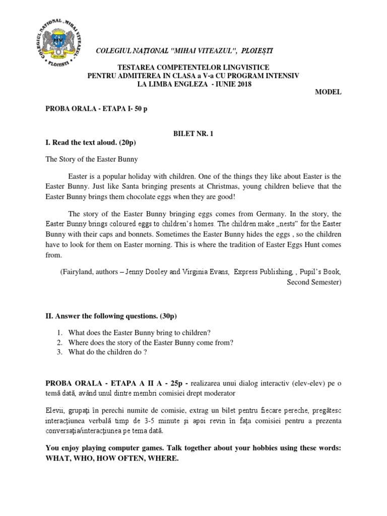 Testarea Competentelor Lingvistice Pentru Admiterea in Clasa A V-A Cu ...