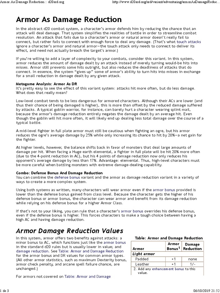 Armor Damage Reduction Values | PDF | D20 System | Armour