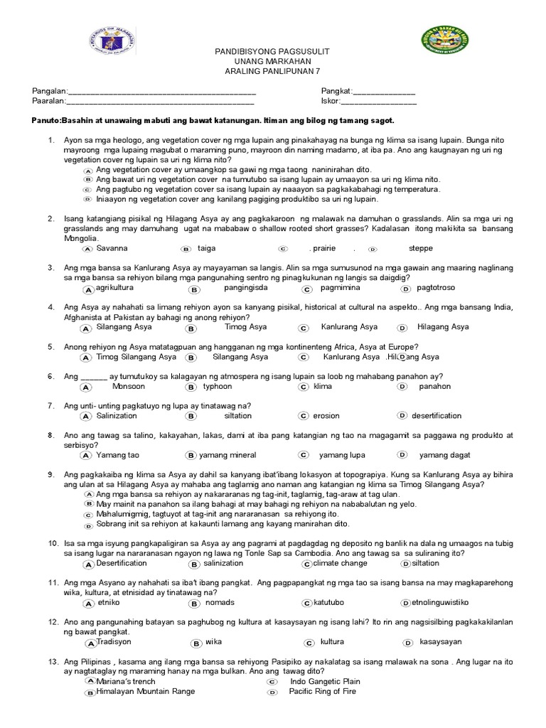First Periodical Exam AP Grade 7 | PDF