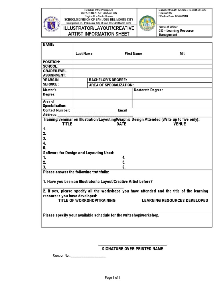 QF 22 Illustrator Layout Creative Artist Information Sheet | PDF
