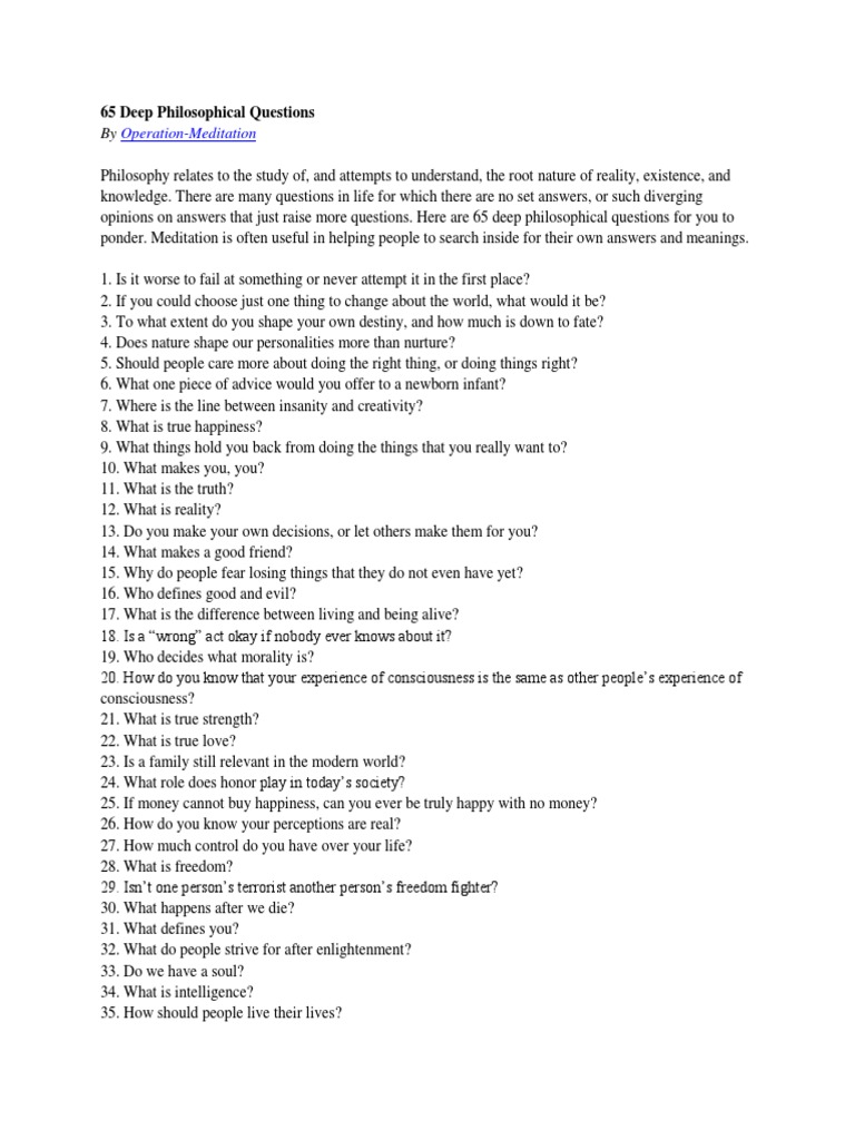 Operation-Meditation: 65 Deep Philosophical Questions | PDF | Reality ...