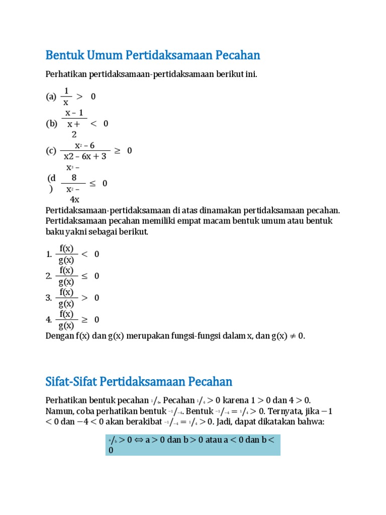 Bentuk Umum Pertidaksamaan Pecahan | PDF