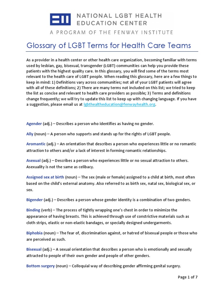 Glossary of LGBT Terms For Health Care Teams: Agender Ally Aromantic ...