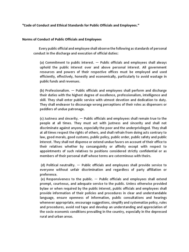 Code of Conduct and Ethical Standards For Public Officials and ...