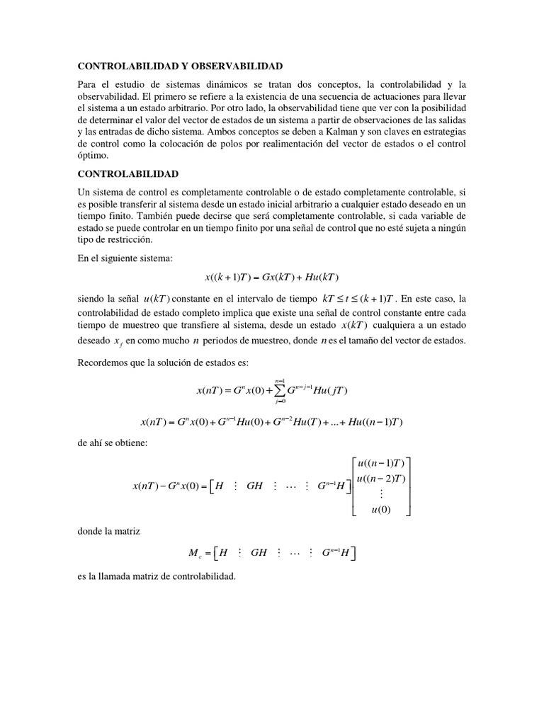 Controlabilidad y Observabilidad | PDF | Sistema de control | Matriz ...