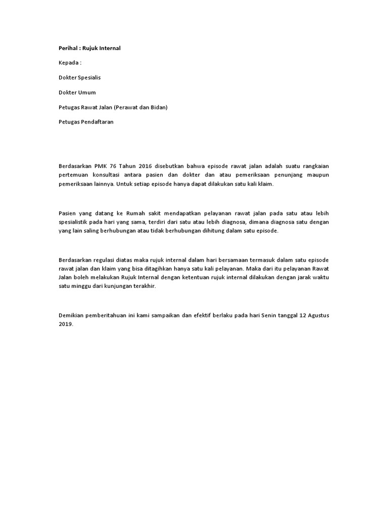 Memo Internal Rujuk Internal, Waktu Kontrol, KLL, Pelayanan IGD | PDF