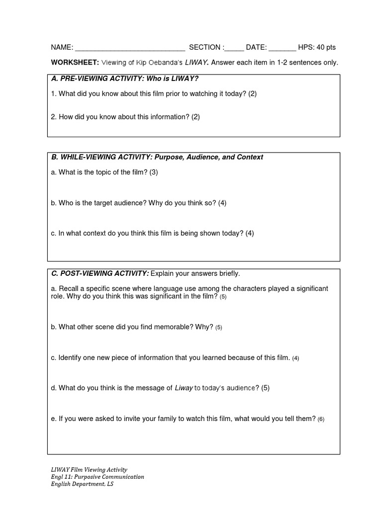 LIWAY Film Viewing Worksheet Guide | PDF | Games & Activities