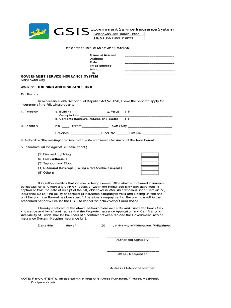 GSIS Property Insurance Form1 | PDF | Property Insurance | Insurance