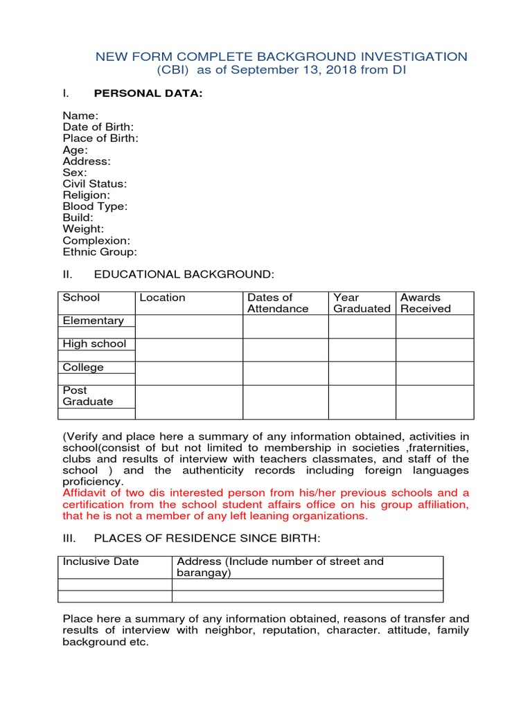 New Form Complete Background Investigation (CBI) As of September 13 ...