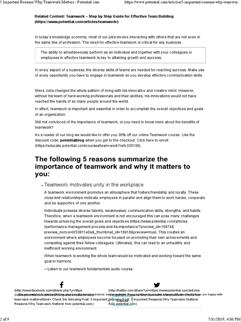 5 Important Reasons Why Teamwork Matters - Potential | PDF | Goal | Reason