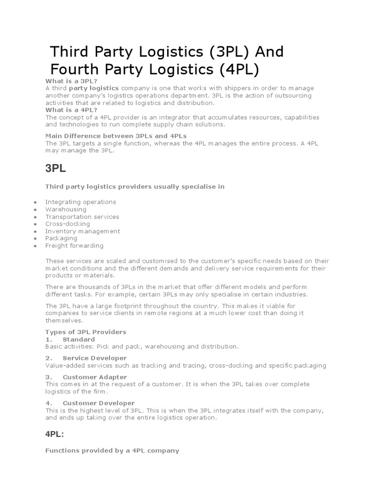 Third Party Logistics (3PL) and Fourth Party Logistics (4PL) | PDF ...