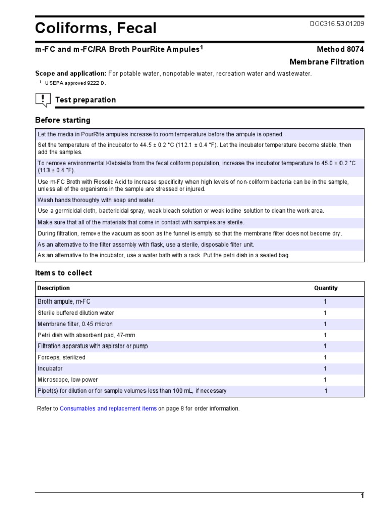 Fecal Coliform Test From Hach | PDF | Filtration | Chemistry