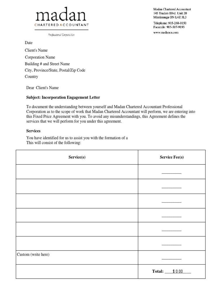 Standard Incorporation Engagement Letter Outlining Scope of Services ...