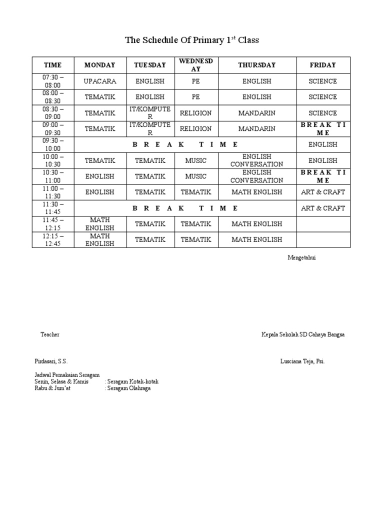 1st Grade Class Schedule Overview | PDF