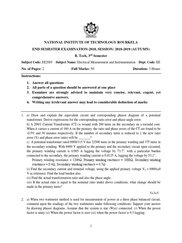 EE2003 Electrical Measurement Exam 2018 | PDF | Transformer | Resistor