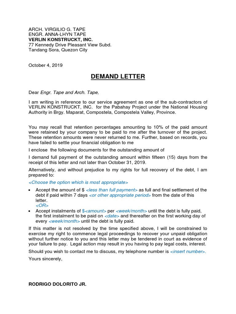 Letter of Demand Outstanding Payment | PDF