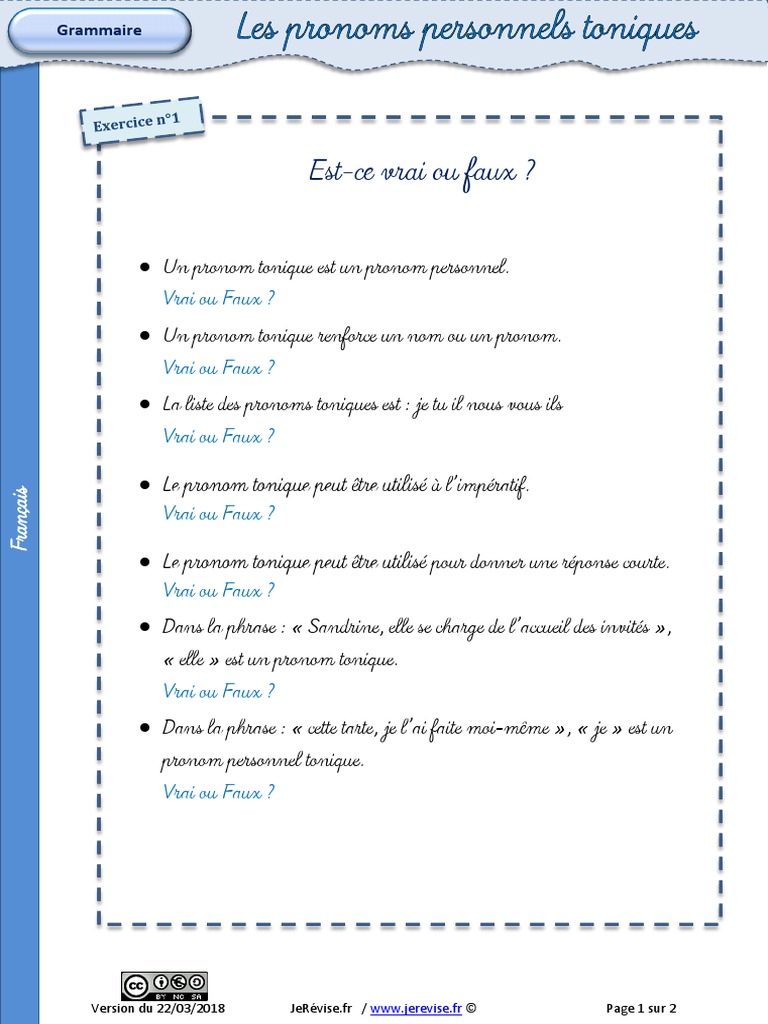 Exercice Pronom Personnel Tonique | PDF | Études des langues étrangères ...