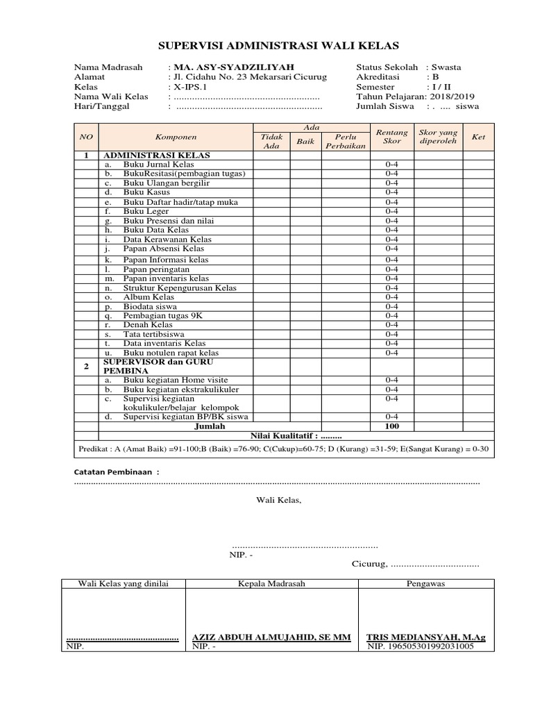 Supervisi Administrasi Wali Kelas | PDF