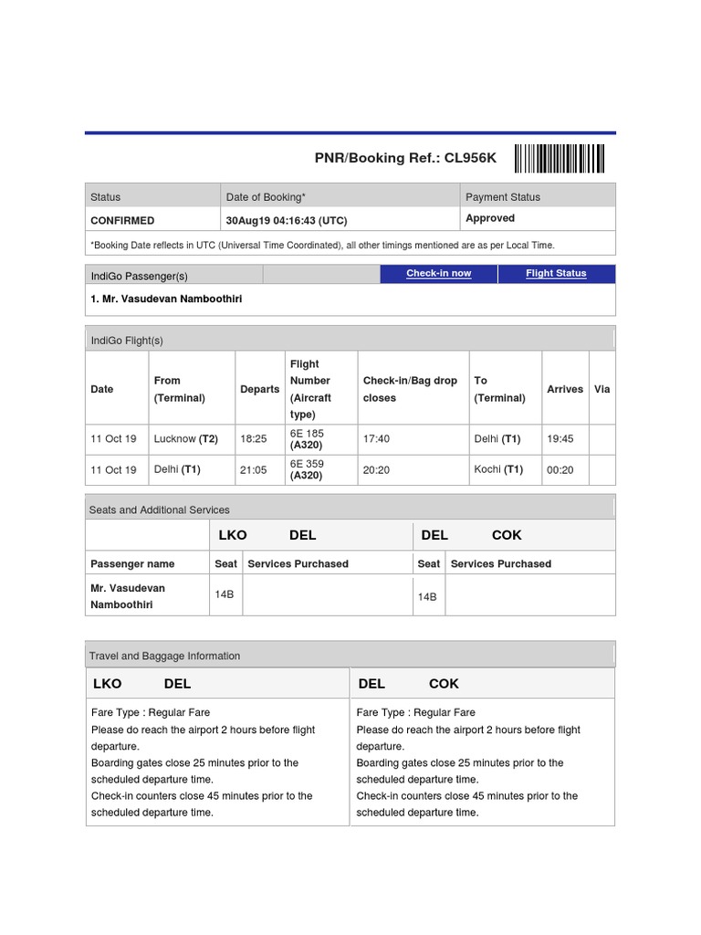 PNR/Booking Ref.: CL956K: Status Date of Booking Payment Status | PDF ...