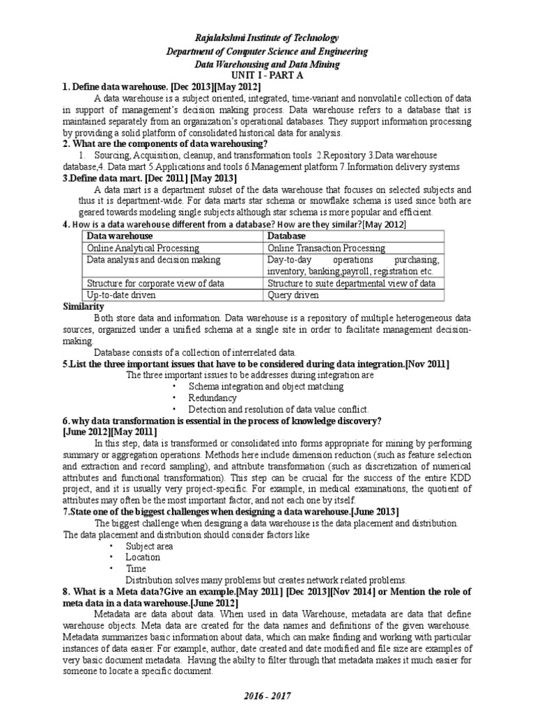 Data Warehouse and Data Mining Notes | PDF | Data Warehouse | Metadata