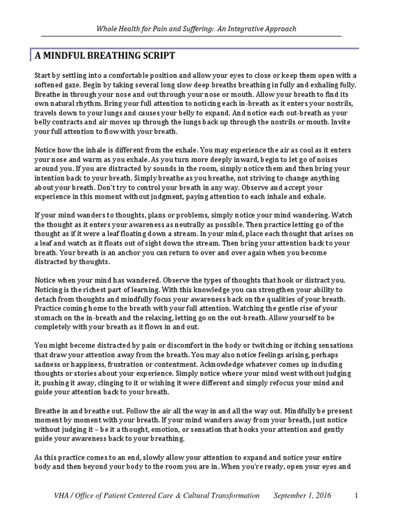 Mindful Breathing Script for Pain Relief | PDF | Breathing | Exhalation