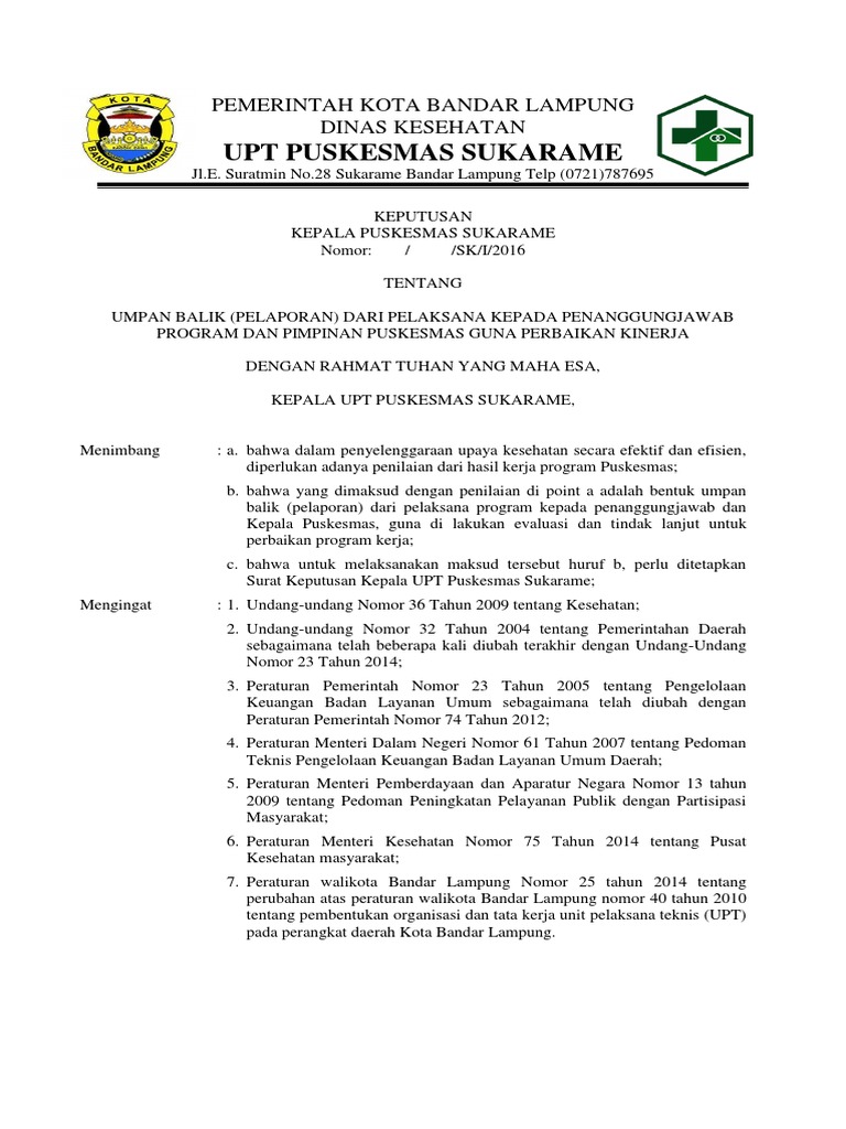 SK Umpan Balik (Pelaporan) Pelaksana Kepada Penanggungjawab Program Dan Pimpinan Puskesmas | PDF