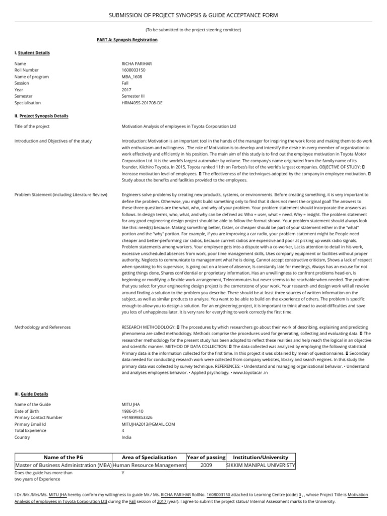 Project Synopsis Submission Details | PDF | Motivation | Motivational