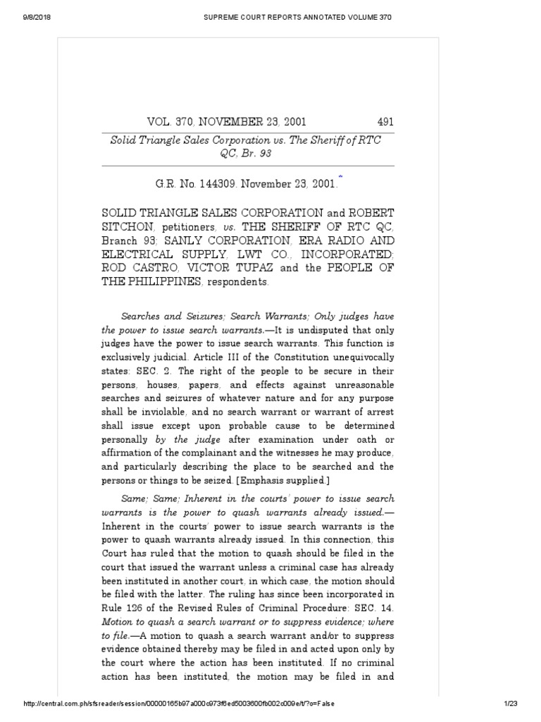 Solid Triangle Vs Sheriff | PDF | Search And Seizure | Probable Cause