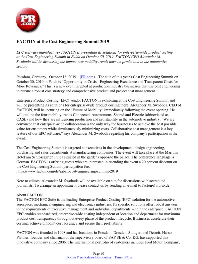 Facton At The Cost Engineering Summit 2019 Pdf Engineering Business